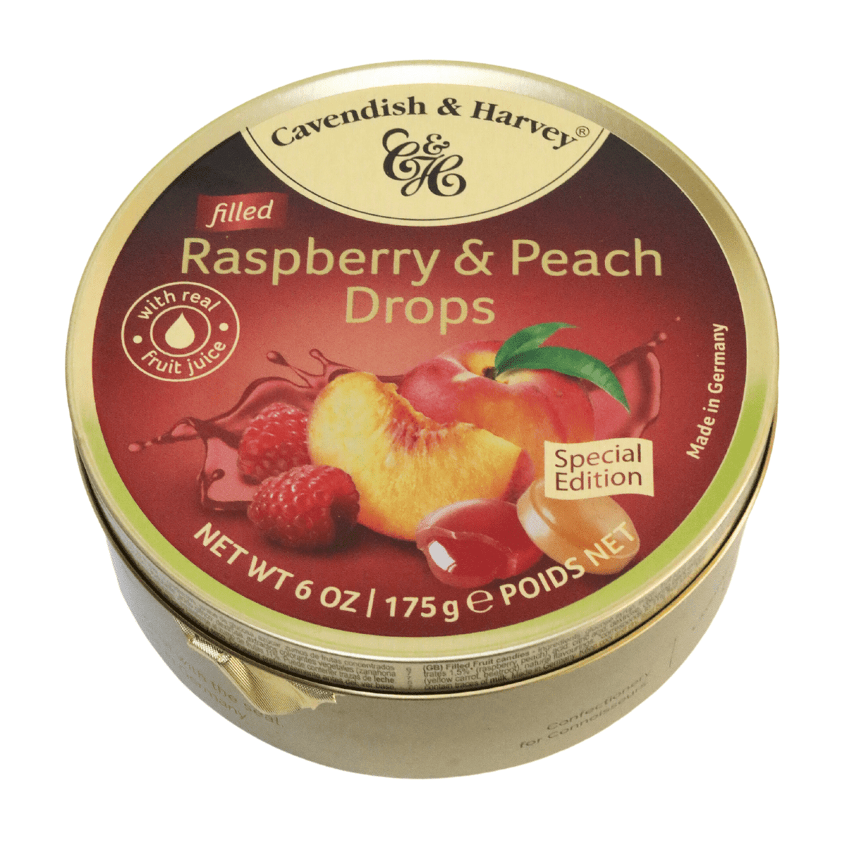 Cavendish & Harvey Filled Raspberry & Peach Drops Tin 175g — Joys ...