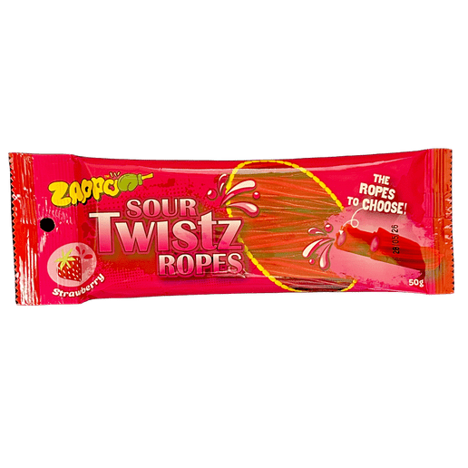 Zappo Sour Twistz Ropes Strawberry 50g — Joys Delights Lolly Shop Online